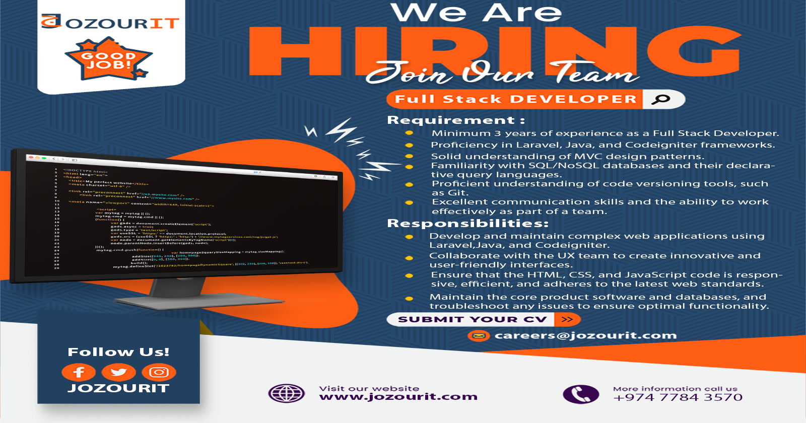 Full Stack Developer (Laravel, Java, CodeIgniter) - JozourIT